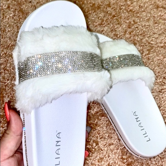 Liliana | Shoes | Size Only Left Rhinestone Fluffy Slides | Poshmark